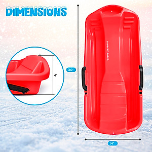 Slippery Racer Downhill Thunder Flexible Plastic Toboggan Snow Sled with Built in Brake System, Pull Rope, and Handle Grips, Red