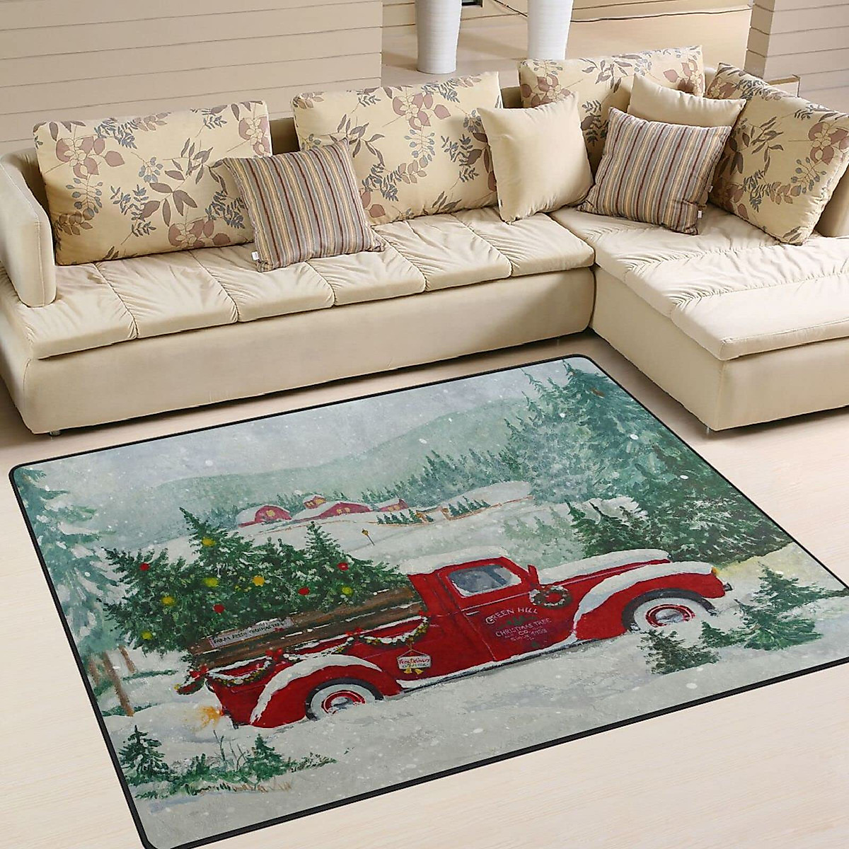 Christmas Area Rug for Living Room Large,Christmas Red Rug Carpet 5x7 Truck Christmas Tree-1,lB003