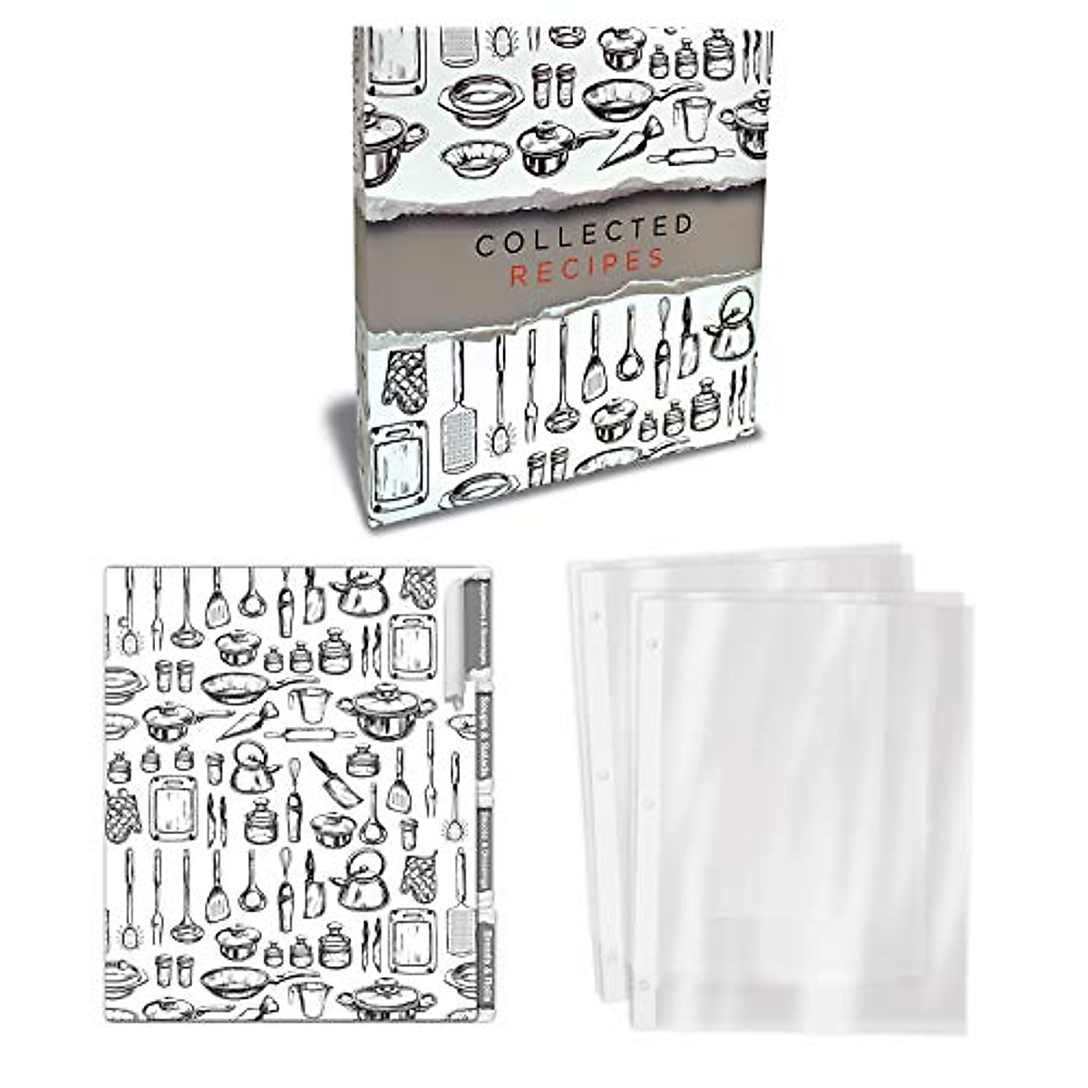 Recipe Binder, Full Page 3 Ring Standard Binder Organizer Set (with 50 Page Protectors & 12 Category Divider Tabs) by Better Kitchen Products, 11.5" x 12" Sleek Kitchen Design
