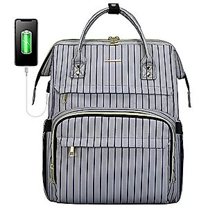 LOVEVOOK Backpack Women Laptop Bag Plait Laptop Backpack Computer Bag Work Bag Backpack Purse with USB Charging Port and Luggage Strap,All Stripe Grey