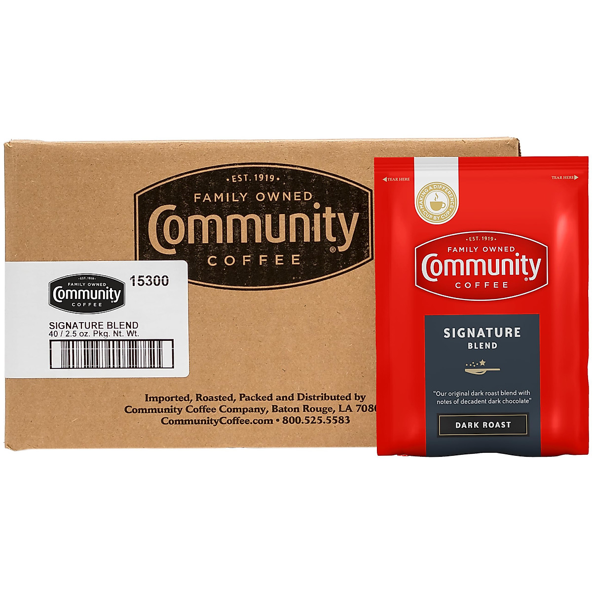 Community Coffee Signature Blend, Dark Roast Pre-Measured Coffee Packs, 2.5 Ounce Bag (Box of 40)
