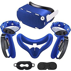 Compatible with Oculus Quest 2 Accessories, Silicone Face Cover, VR Shell Cover, Touch Controller Lengthening Grip Cover with Battery Opening Adjustable with Knuckle Straps Dark Blue