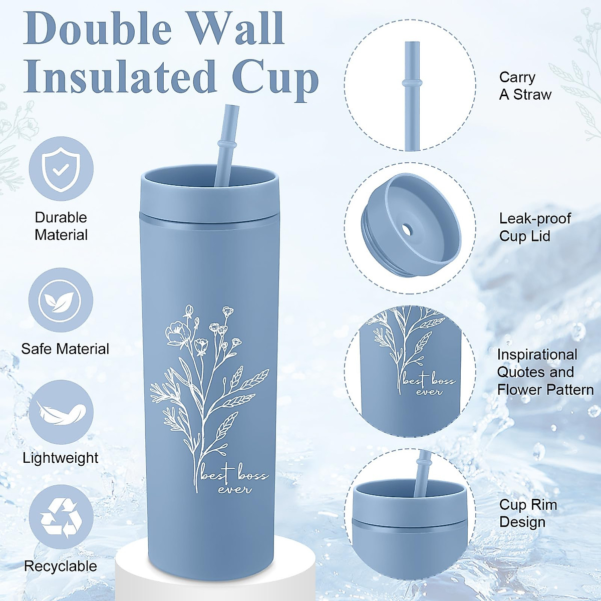 Funnymoom 6 Pcs Boss Appreciation Gift Set for Lady Women Best Boss Ever Gift 16 oz Plastic Tumbler Makeup Bag A6 Notepad and Pens Set for Female Boss Birthday Gifts Xmas Office Present