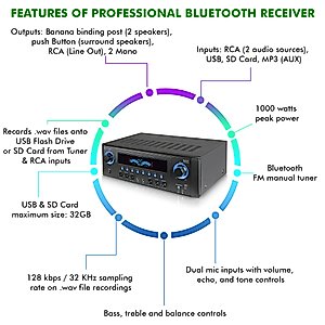 Technical Pro Professional 1000 Watts Receiver with USB SD Card Inputs, 2 Mic Inputs, Recorder, and Wireless Remote
