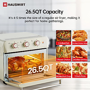 Hauswirt K5M Air Fryer Toaster Oven Combo, Retro XL Large Oven 3-4People, Air Fryer Oven with Rotisserie Kit, 26.5QT 6-slices Toast 12" Pizza, Bake Toast Broil,1600W 190°F-450°F,Non-Stick,Cream White