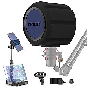 Microphone Windscreen Pop Filter with Gift Mic Stand&Phone Holder,Recording Shield，Mic Isolation Ball Sound-Absorbing Foam Windscreen for Large Mic, Studio Equipment Indoor & Outdoor Recording