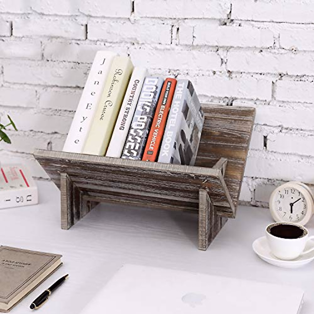 MyGift Rustic Solid Torched Wood Tilted Book Holder, Desktop Reading Book Textbook Storage Organizer Bookshelf, Decorative Desk Bookcase