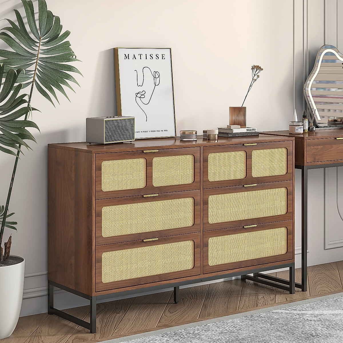Rattan 6 Drawer Dresser Mid Century Modern Dresser Chest of Drawers Boho Farmhouse 6 Drawer Cabinet with Wide Drawers Metal Legs Storage Dressers Chest for Bedroom, Living Room