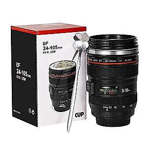 DEEXITO Camera Lens Coffee Mugs,Stainless Steel Lens Cups with Four-leaf Clover Spoon,Ideal Gifts for Photographers Sweeties Men Women Birthday Xmas