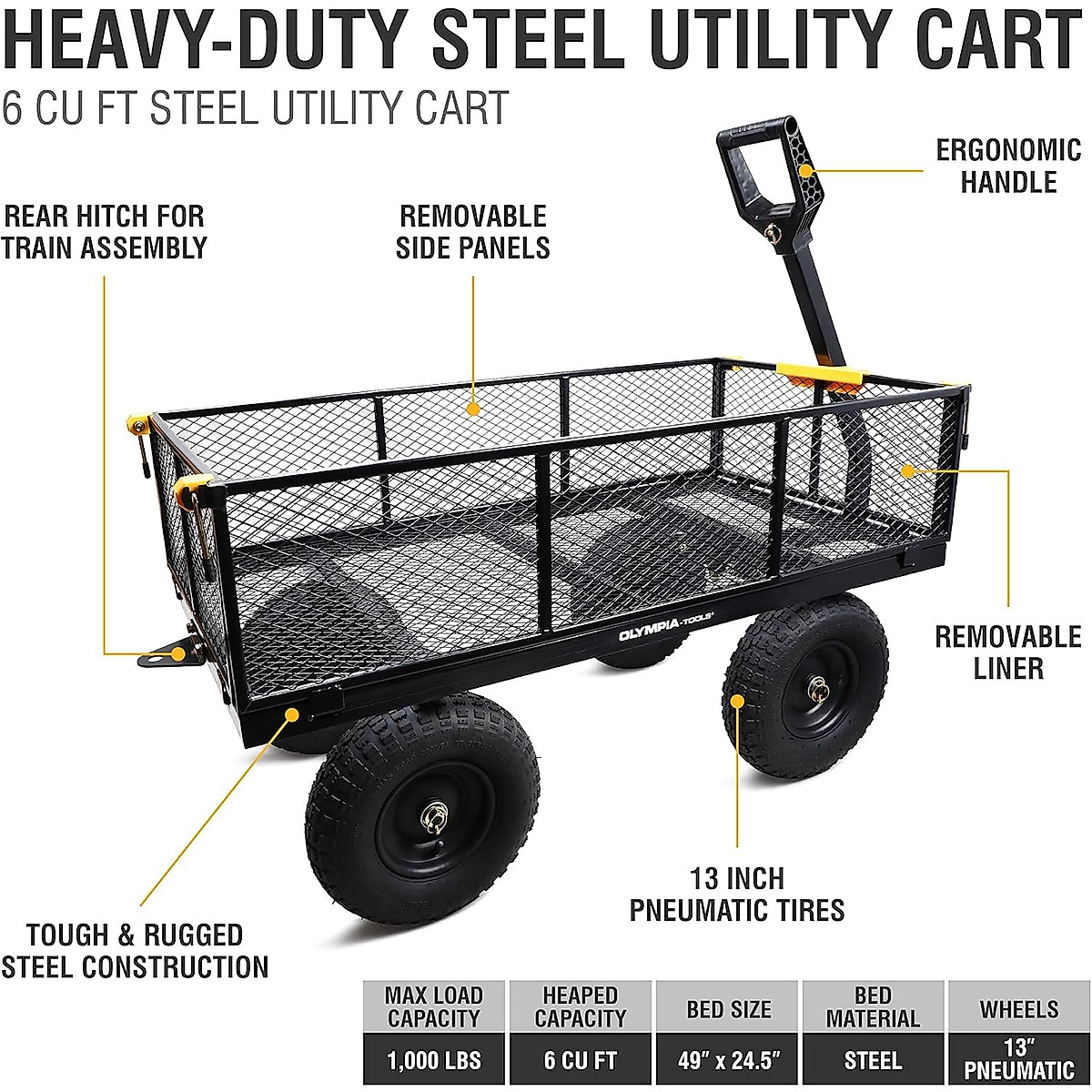 Olympia Tools Steel Garden Cart 1,000lbs 6-cu ft Utility Cart, Heavy Duty Wagon, with Removable Mesh Sides to Convert into Flatbed, Lawn and Utility Wagons Cart
