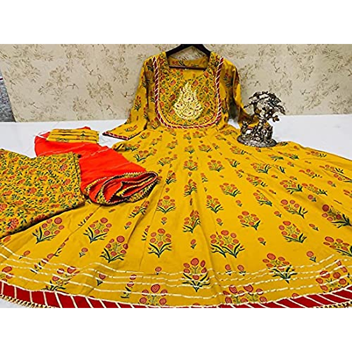 MAHICH WOMEN'S Cotton Anarkali Hand Block Printed Kurti with Pant and Duptta Set_Yellow (XL), X-Large