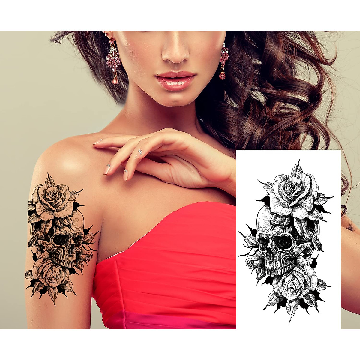 PADOUN Halloween Temporary Tattoo, 15-Sheet Black Skull Rose Flower Tattoos Temporary Realistic, Waterproof Girls Tattoos Temporary for Kids Adult