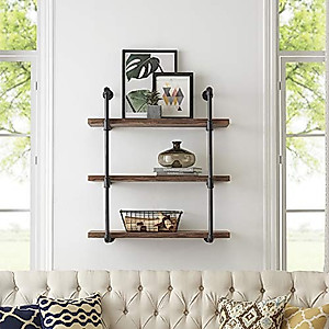 Decorative Floating 3-Tier Wall Mounted Hanging Pipe Shelves - Rustic, Urban and Industrial Décor,Wall Mounted Shelf - Perfect for Living Room,Dining Room,Kitchen,Bedroom,Nursery or Office, Brown
