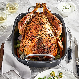 Absorated Roasting Pan with Rack - 17x13.6 Inch Large Turkey Roaster Pan - Double Ply Non-Stick Coated Turkey Pan for Oven - Hold Up to 24 Lbs Chicken, Gray