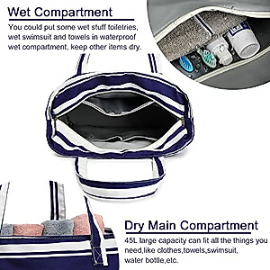 LEDAOU Beach Bag Sandproof Women Tote Bag Pool Bag with Zipper for Gym Grocery Travel with Wet Pocket (Blue White Stripes)