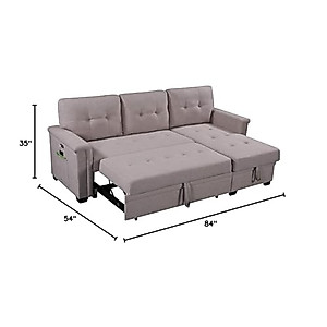 FurniFusion 84'' L-Shape Convertible Sleeper Sectional Sofa with Storage Chaise and Pull-Out Bed, Linen Upholstered Reversible Corner Couch w/USB Charger Ports and Pocket, Light Gray, 84 Inch