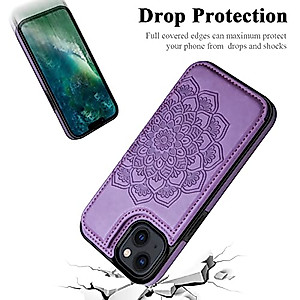 MMHUO for iPhone 14 Case with Card Holder, Flower Magnetic Back Flip Wallet Case for Women, Protective Case Phone Case, Purple