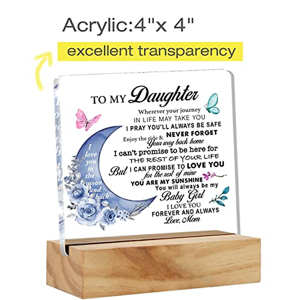 Daughter Gift From Mom, to My Daughter Wherever Your Journey in Life Desk Decor Moon Acrylic Desk Plaque Sign with Wood Stand Home Office Table Desk Sign Keepsake