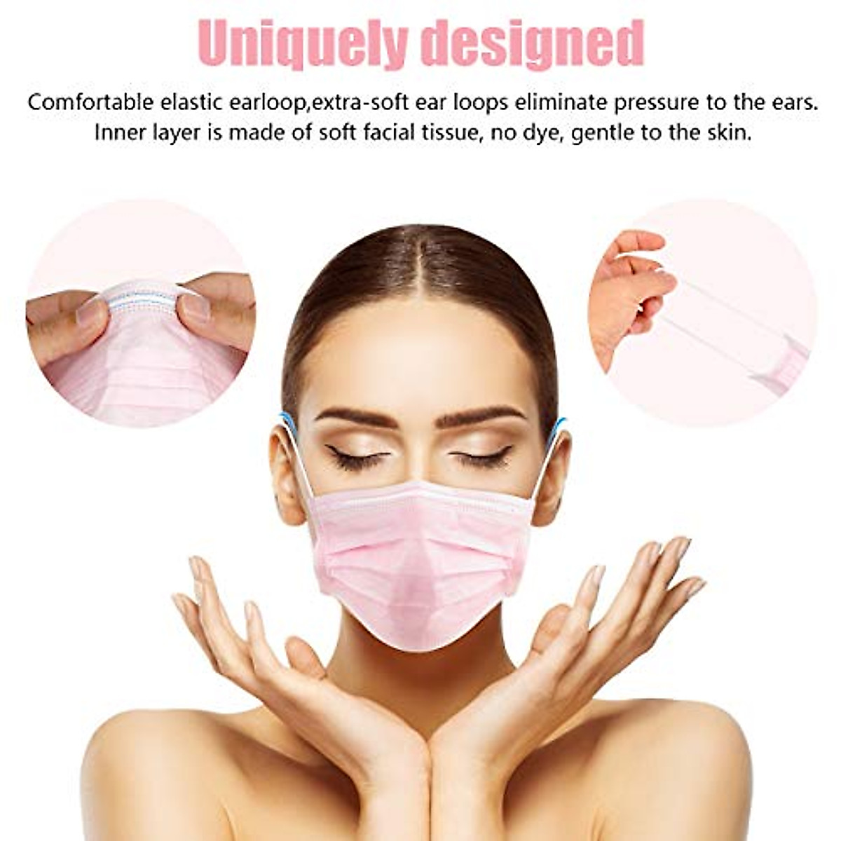 Wecolor 100 Pcs Disposable 3 Ply Earloop Face Masks, Suitable for Home, School, Office and Outdoors (Pink)