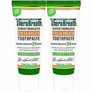 TheraBreath Fresh Breath Dentist Formulated Fluoride Free Toothpaste, Mild Mint, 4 Ounce (Pack of 2), Multi