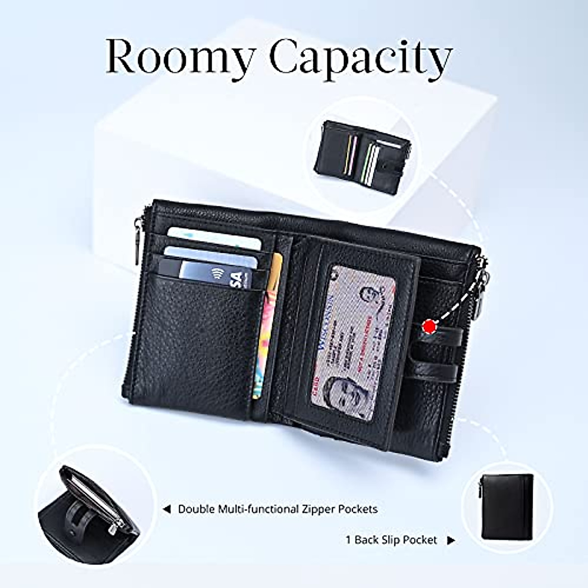 Bveyzi Small Soft Leather Wallet for Women RFID Blocking Ladies Card Holder with Double Zipper Pocket (Black)