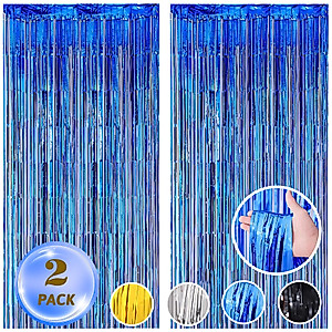 AIBIIN 2pcs 3.3ftx6.6ft Foil Curtain Backdrop Blue Metallic Tinsel Foil Fringe Curtains Little Prince Birthday Party Wedding Baby Shower Bachelorette Graduation 4th of july Decoration Photo Booth Prop