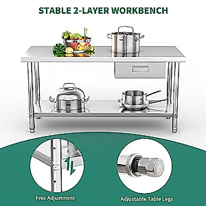 YITAHOME Stainless Steel Table with Drawer, 60" X 24" Work Table with Drawer, Metal Table Prep Table for Home Kitchen Restaurant Garage Warehouse