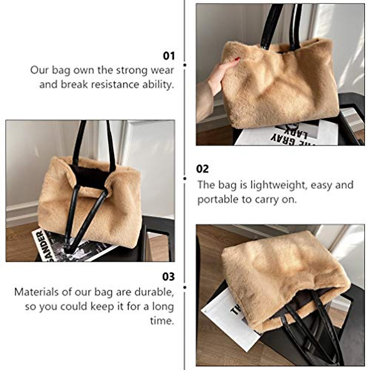 VALICLUD Large Work Tote Large Faux Fur Handbag Plush Bucket Tote Hobo Bag Oversize Fuzzy Fluffy Handle Satchel Fashion Shoulder Bag for Women Womens Laptop Tote