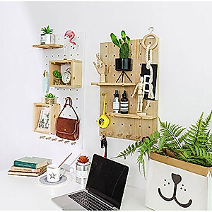 Creation Core Wooden Pegboard with 2 Floating Shelves & 6 Pegs Hooks Wall Storage Organizer System for Office Home Kitchen Decor 15.7x15.7, White