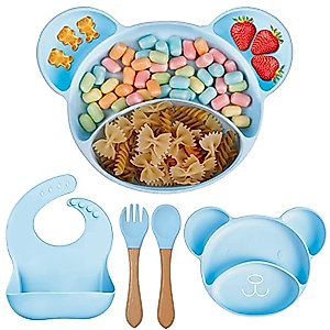 xuan dian Silicone Baby Feeding Set, Silicone Suction Plate Shape Self Feeding Adjustable Bib，Suction Plate for Baby Toddler with Spoon Fork Adjustable Bib Set-Blue