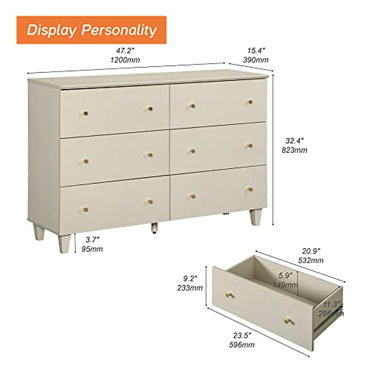 WAMPAT Dresser with 6 Drawers for Bedroom, Wooden Kids Dressers with Wide Chest of Drawers, Beige Modern Closet Storage Organizer Furniture with Solid Wood Legs for Living Room, Hallway, Nursery
