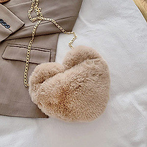 COSTYLE Valentine's Day Women Chain Plush Heart-shaped Bag Faux Fur Crossbody Bag Daily Cute Pouch Plush Wallet Red (Brown)