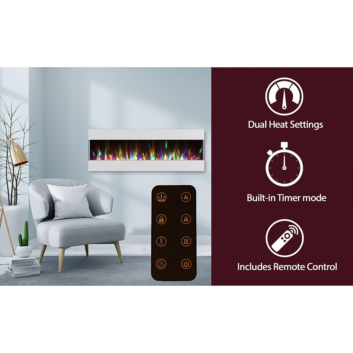 Cambridge 60" Recessed Wall Mounted Electric Fireplace with Realistic Multi-Color Flame & Crystal Rock Display, White Panel Wall Fireplace with Remote Control & Adjustable Heat, Modern Home Heating