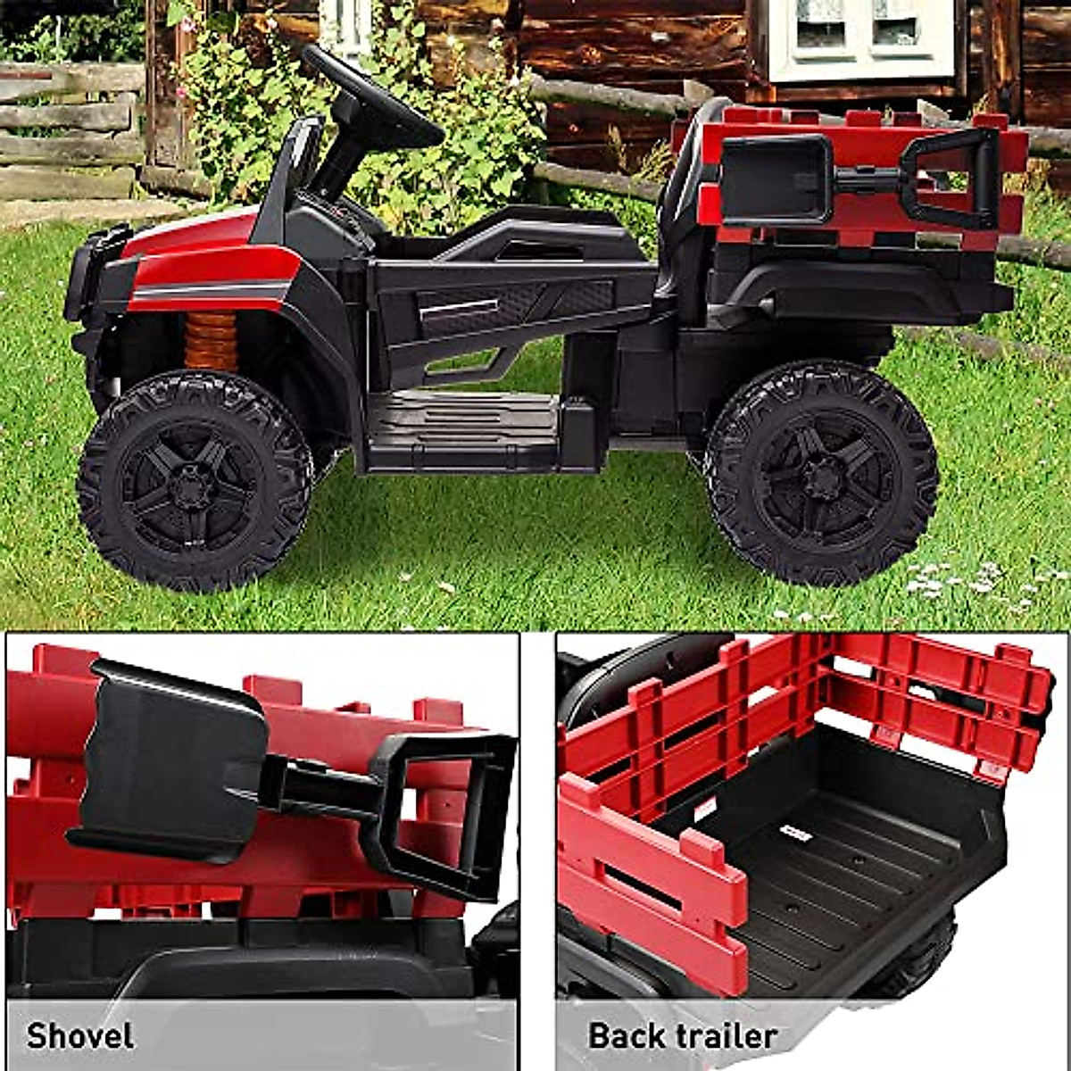 TOBBI 12V Kids Ride on Truck with Remote Control Battery Powered Toy Tractor with Trailer in Red