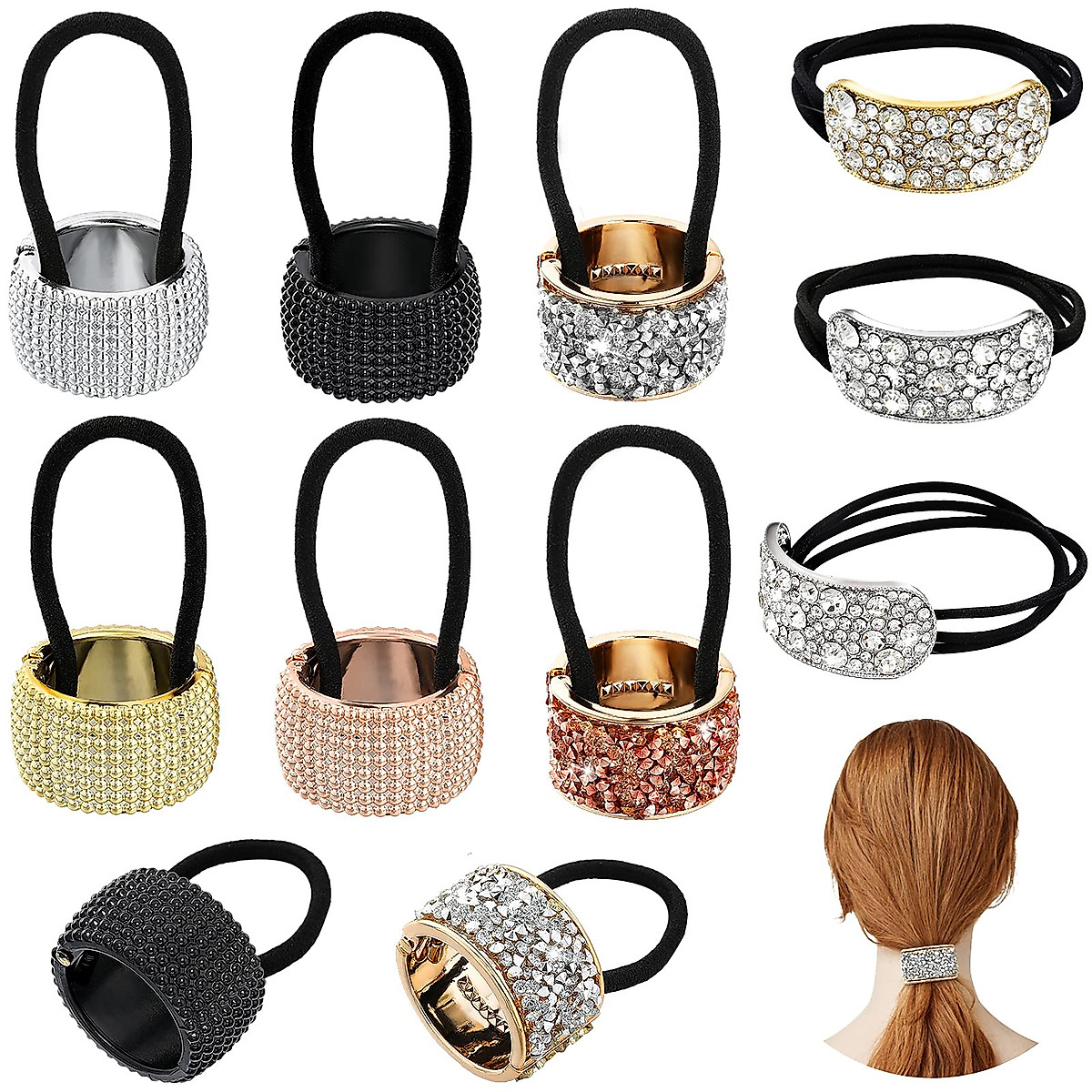 Canlierr 8 Pieces Rhinestone Hair Ponytail Holder Plastic Metal Gothic Punk Elastic Hair Tie Band Cuffs Glitter Ponytail Holders Accessories for Women Girls, Mixed Colors