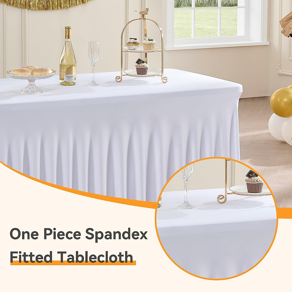 Outpain White Spandex Table Clothes for 8 Foot Rectangle Tables-6Pack 8FT Spandex Fitted Table Cover, Wrinkle Free Tablecloths with Skirt for Parties, Wedding, Birthday, Banquet, Festival