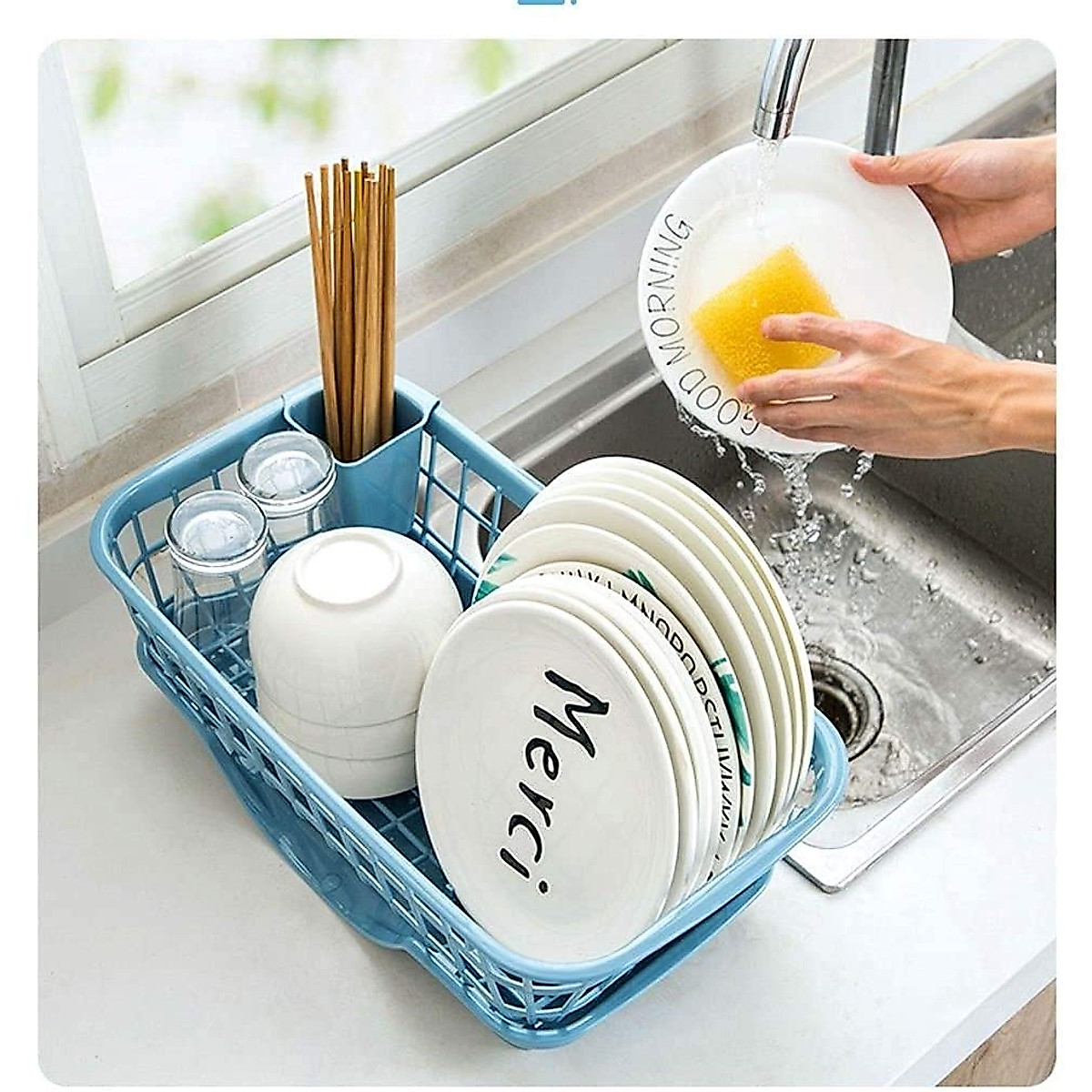 Plate Rack Draining Dish Rack Household Dish Storage Rack With Chopsticks Cage Household Detachable Dish Drain Rack Kitchen Pan Plate Holder (Color : Blue)