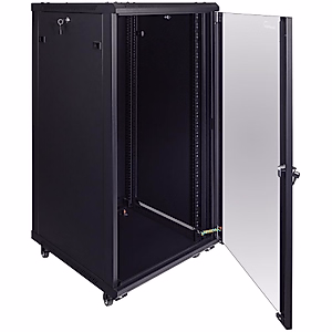 NavePoint 22U Server Cabinet Wall Mount Rack Enclosure with Caster Wheels, 2 Fans, Locking Glass Door, Removable Side Panels – 22U Network Cabinet 23.6” Deep, 19” Server Rack for A/V Equipment