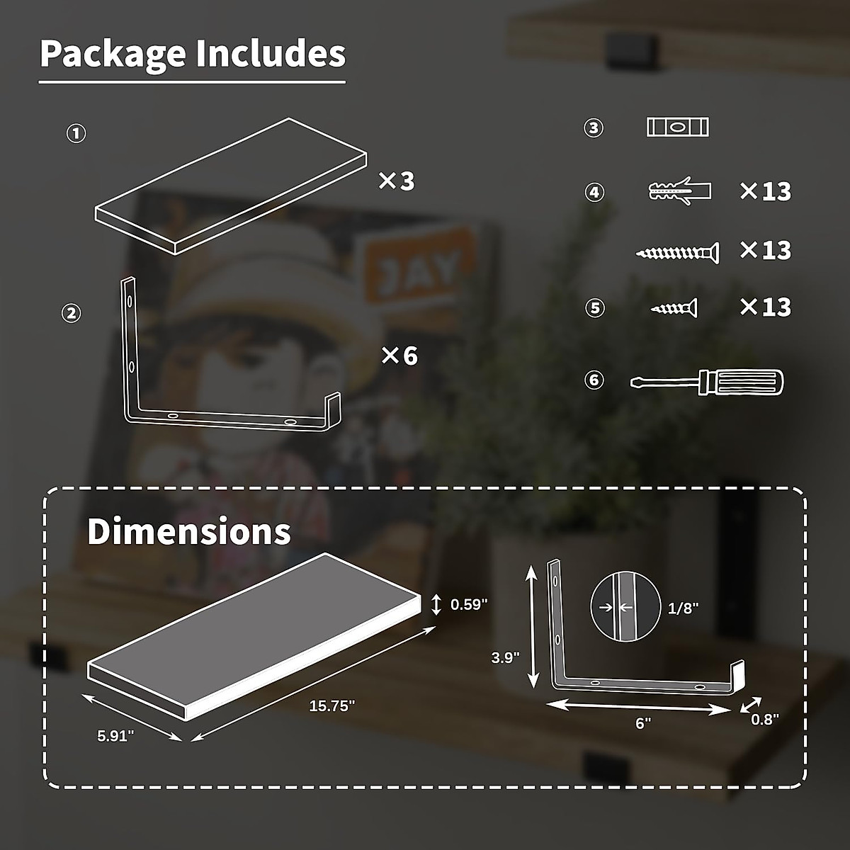 Easefuli Floating Wall Shelves, Rustic Wood Wall Decor, Hanging Shelves for Wall Storage, Farmhouse Wall Mounted Shelves for Bedroom, Living Room, Kitchen and Bathroom - Carbonized Black