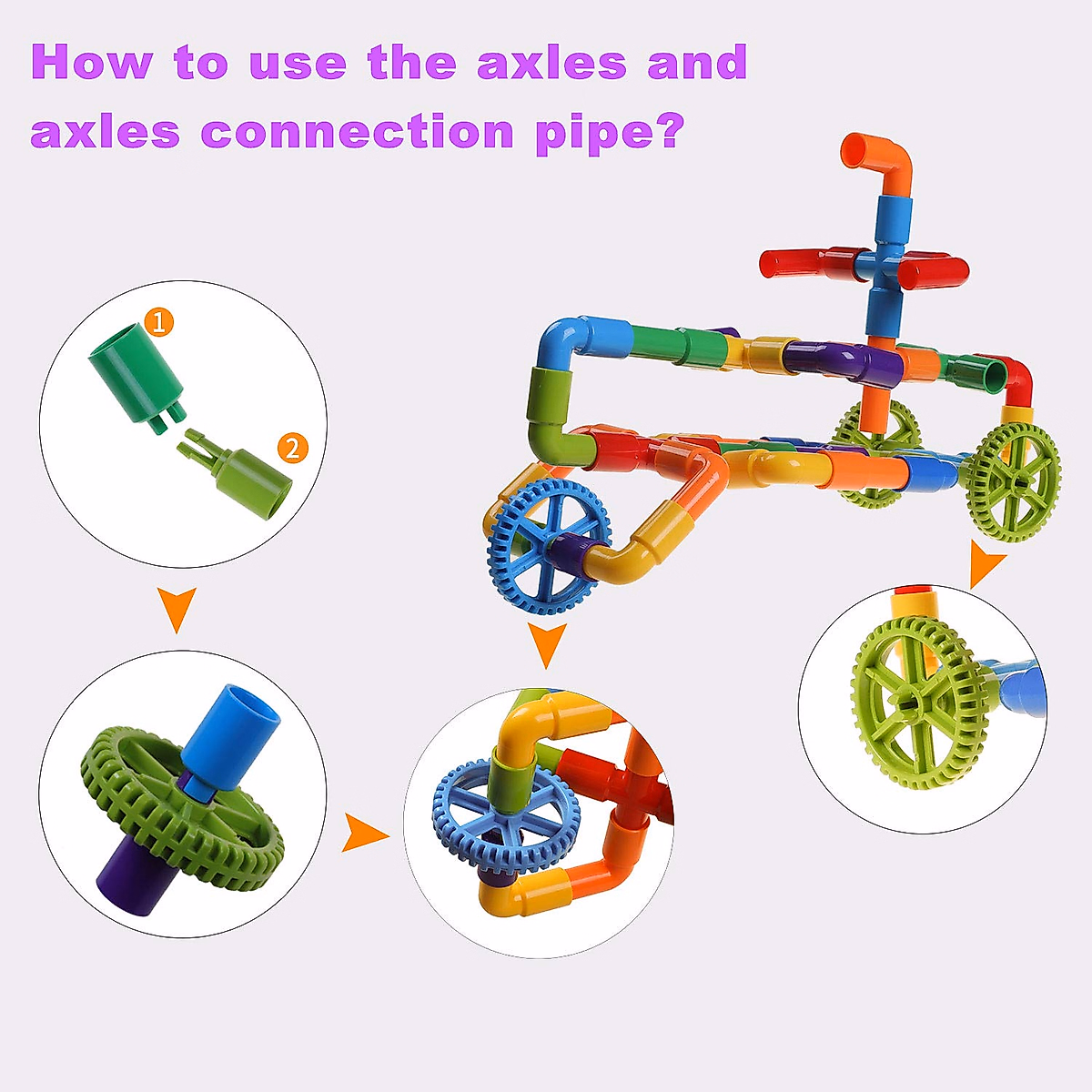 burgkidz STEM Learning Pipe Tube Toy, Sensory Toys, Tube Locks Construction Building Blocks, Educational STEM Building Learning Toys with Wheels Baseplate for All Ages Kids Boys Girls, 188 Pcs