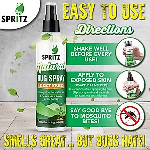 Spritz All Natural Bug & Mosquito Repellent Spray - Safe for Adults, Kids, Pets, & Environment - Works On All Insects - Made in USA - DEET Free 2 x 4oz