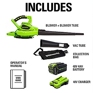 Greenworks 40V (185 MPH / 340 CFM) Brushless Cordless Blower / Vacuum, 4.0Ah Battery and Charger Included