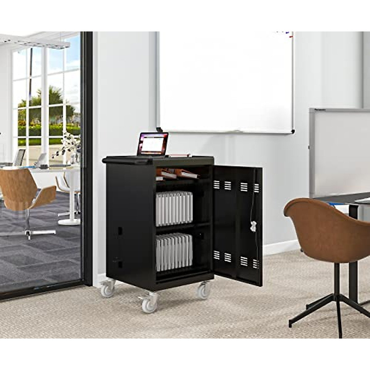 Oursoula Laptop Storage Rack for Multiple Laptops, Storage for A Total of 30 Devices, Mobile Charging Cabinet and Cart for Tablets and Laptops Up to 17'' Screen Size., Black