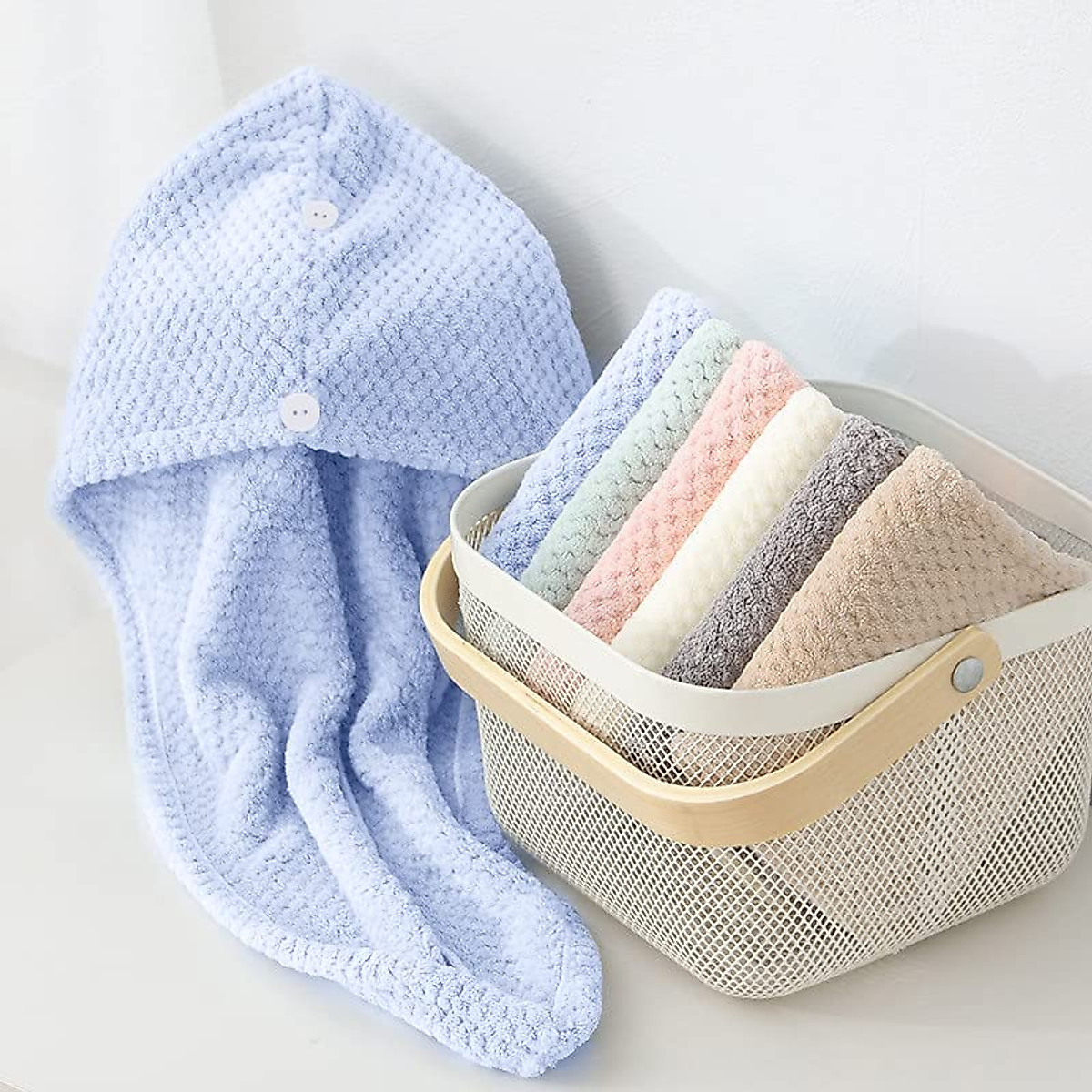 MaopaoBeauty 2 Pack Microfiber Towel for Hair Drying, Super Absorbent Turbie Twist Hair Towels with Double Buttons, Hair Wrap Towels for Curly Hair, Hair Turbans for Wet Hair (Beige&Green)