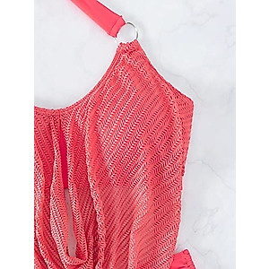 MakeMeChic Women's 2 Piece Bathing Suits Ring Linked Drape Drawstring High Waisted Tankini Swimsuit Watermelon Pink S