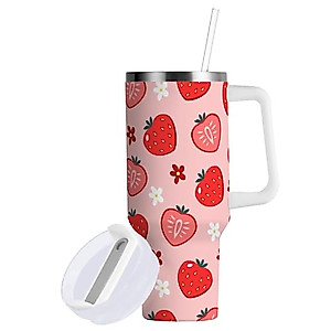 ARGTILDN 30 oz Tumbler Strawberry Flower Cartoon Insulated Travel Mug with Handle and Straw Lid Stainless Steel Vacuum Coffee Cup Tea Beverage Container Water Bottles for Car Sports office