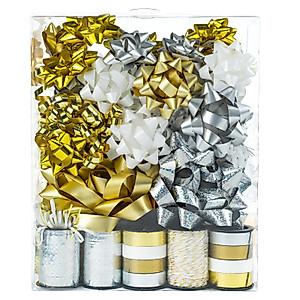 WRAPAHOLIC 40 Pcs Gift Bows Assortment - 28 Assorted Size Gift Bows(Gold&Silver&White), 1 Pull Bow, 2 Tinsel Bows, 2 Fountain Bows, 2 Curly Bows, 4 Curling Ribbons, 1 Cotton Twine