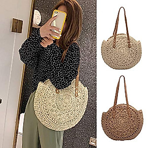 Large Bag Round Straw Beach Bag,Women Holiday Woven Tote Bag,Handle Shoulder Rattan Bag (White)
