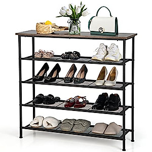 COSTWAY Shoe Rack, 5-Tier Free Standing Shoe Storage Organizer with Wooden Top, 4 Metal Mesh Shelves for 16-20 Pairs Shoes, Adjustable Protecting Feet for Entryway, Hallway, Rustic Brown and Black