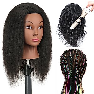 Mannequin Head with Human Hair Manikin Head 16"100% Real Hair Mannequin Head Hairdresser Training Head Cosmetology Manikin Practice Training Head Doll Head with Free Stand (B16)